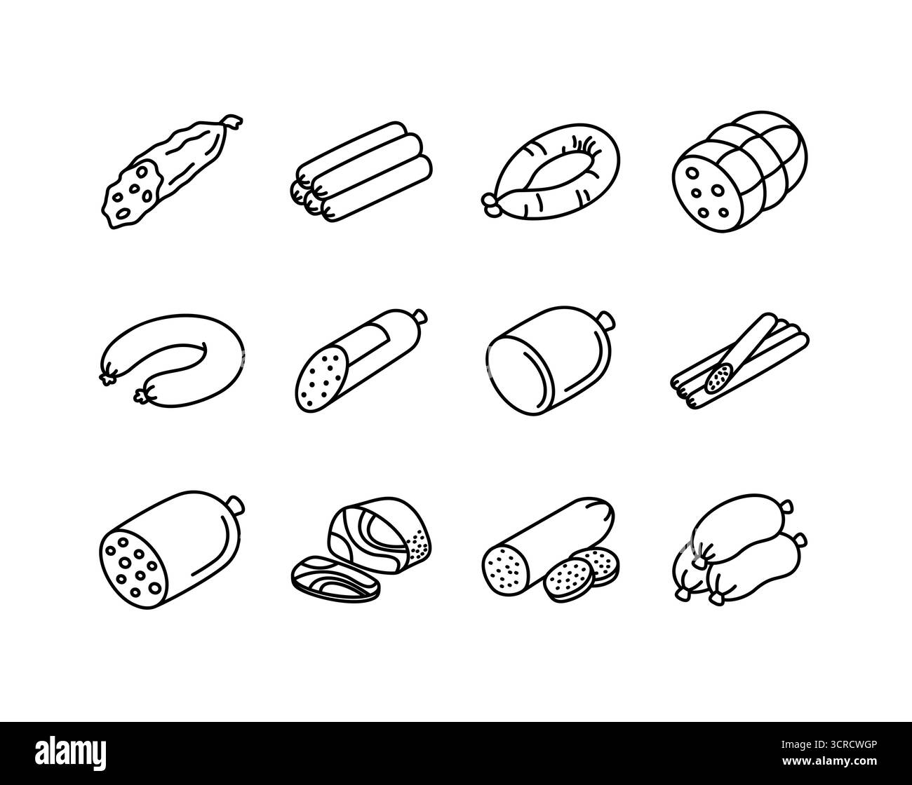 A collection of simple line art icons showing various sausages and ...