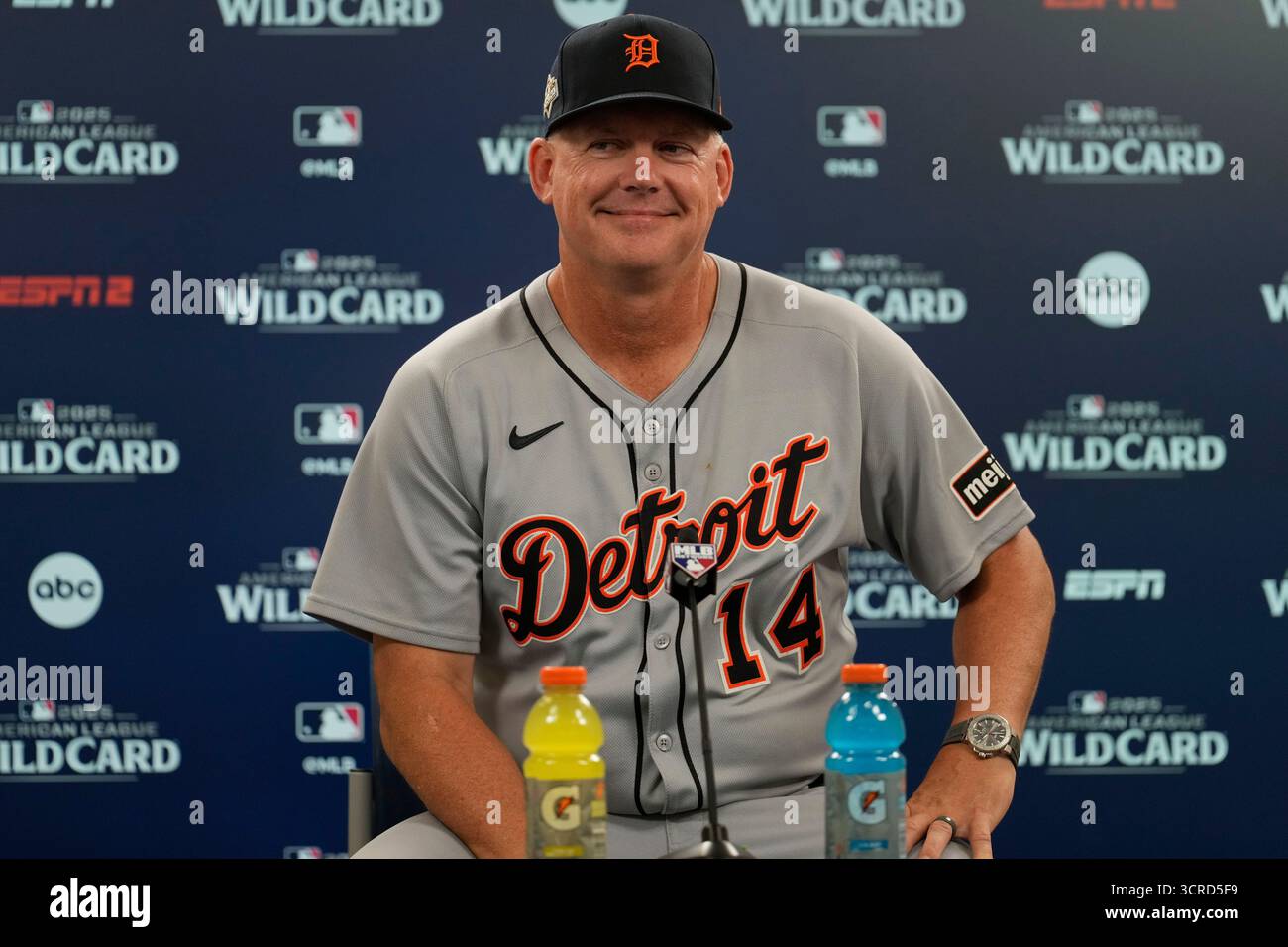 Detroit Tigers manager A.J. Hinch pauses as he speaks during a news ...
