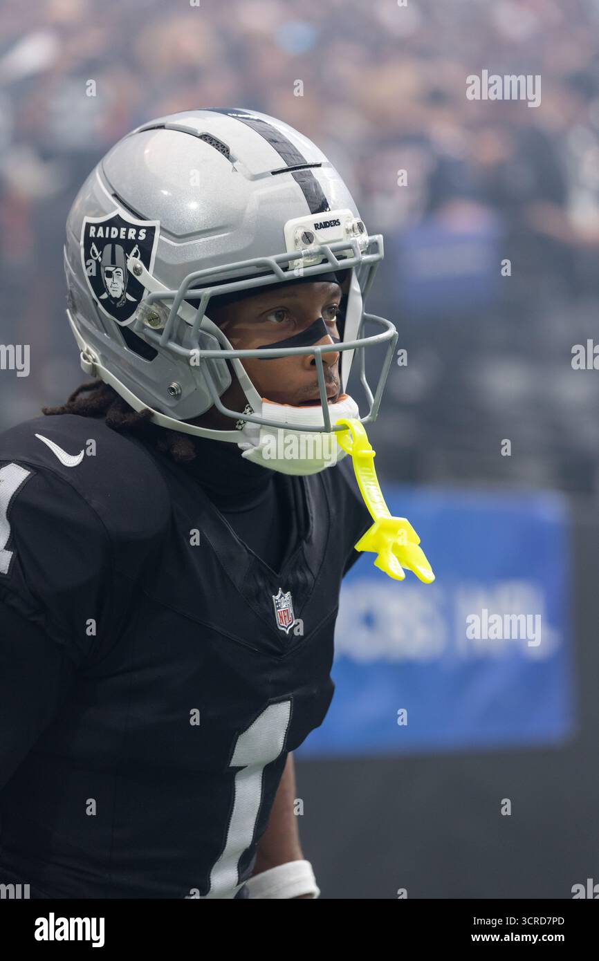 Las Vegas Raiders wide receiver Tre Tucker (1) enters the field during ...