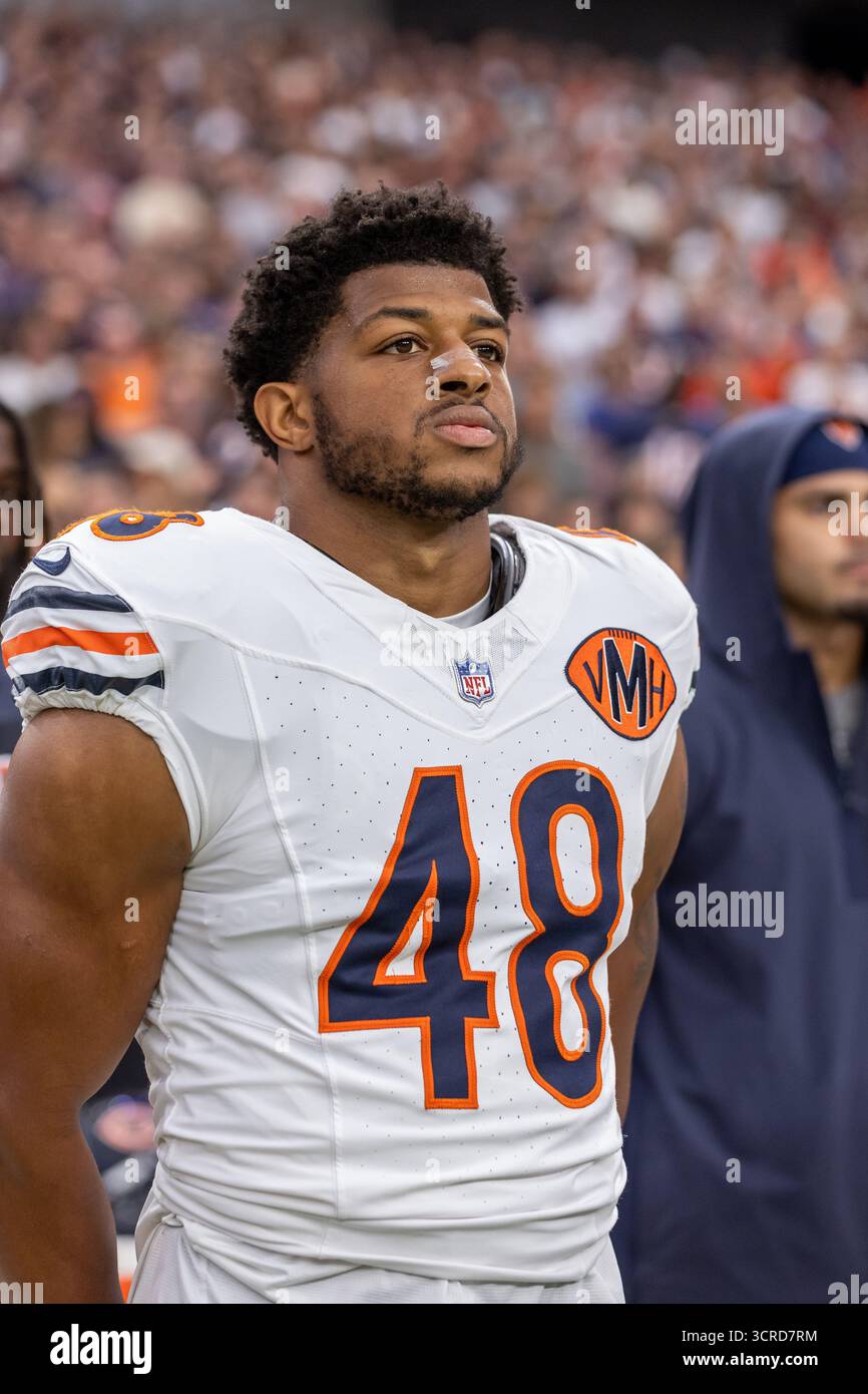 Chicago Bears linebacker D'Marco Jackson (48) stands for the national ...