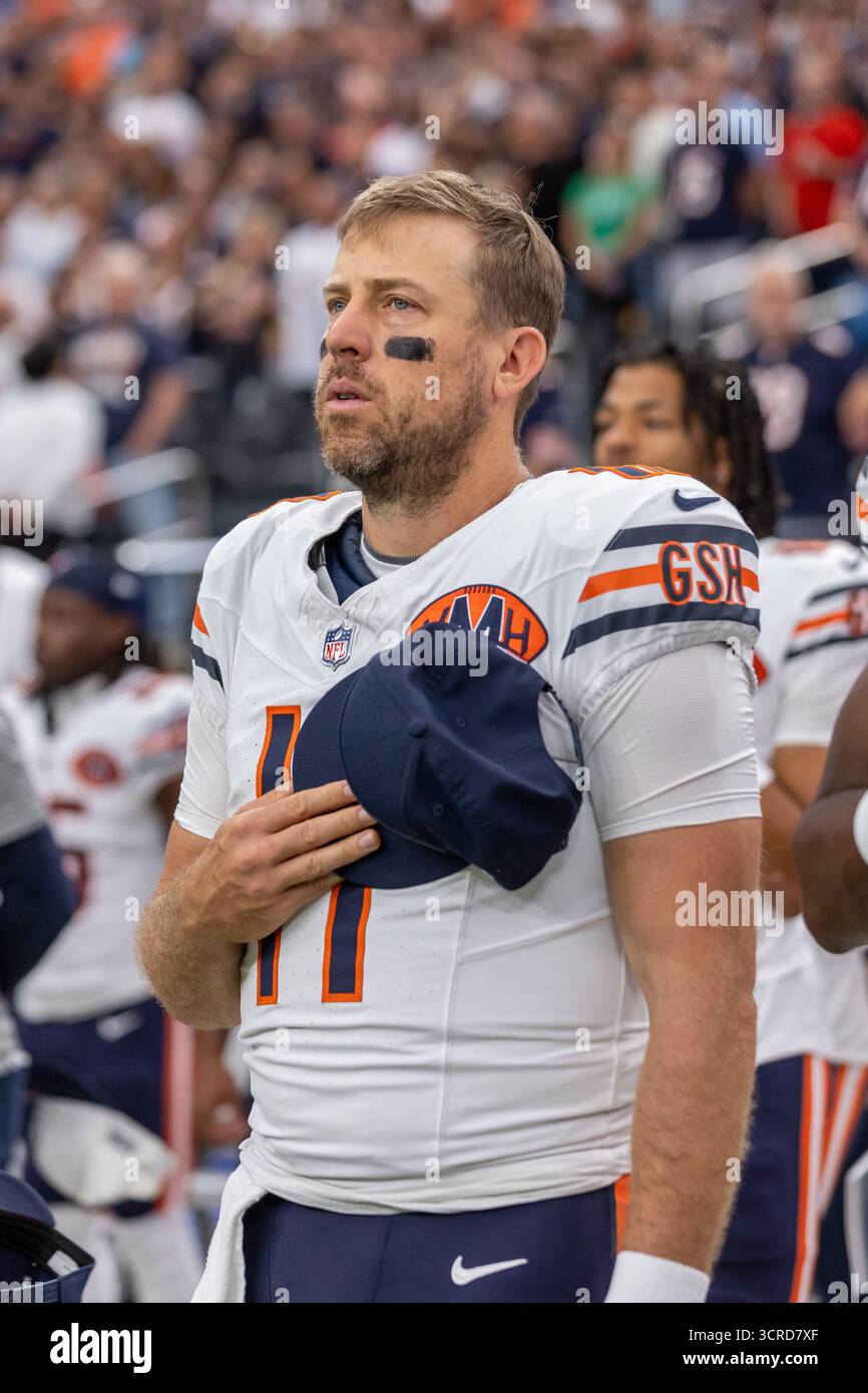 Chicago Bears quarterback Case Keenum (11) stands for the national anthem before playing against ...