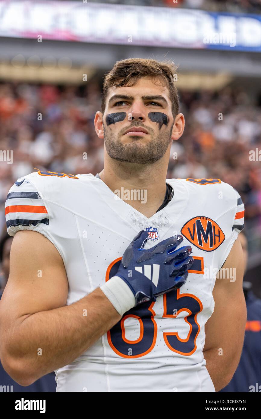 Chicago Bears tight end Cole Kmet (85) stands for the national anthem ...