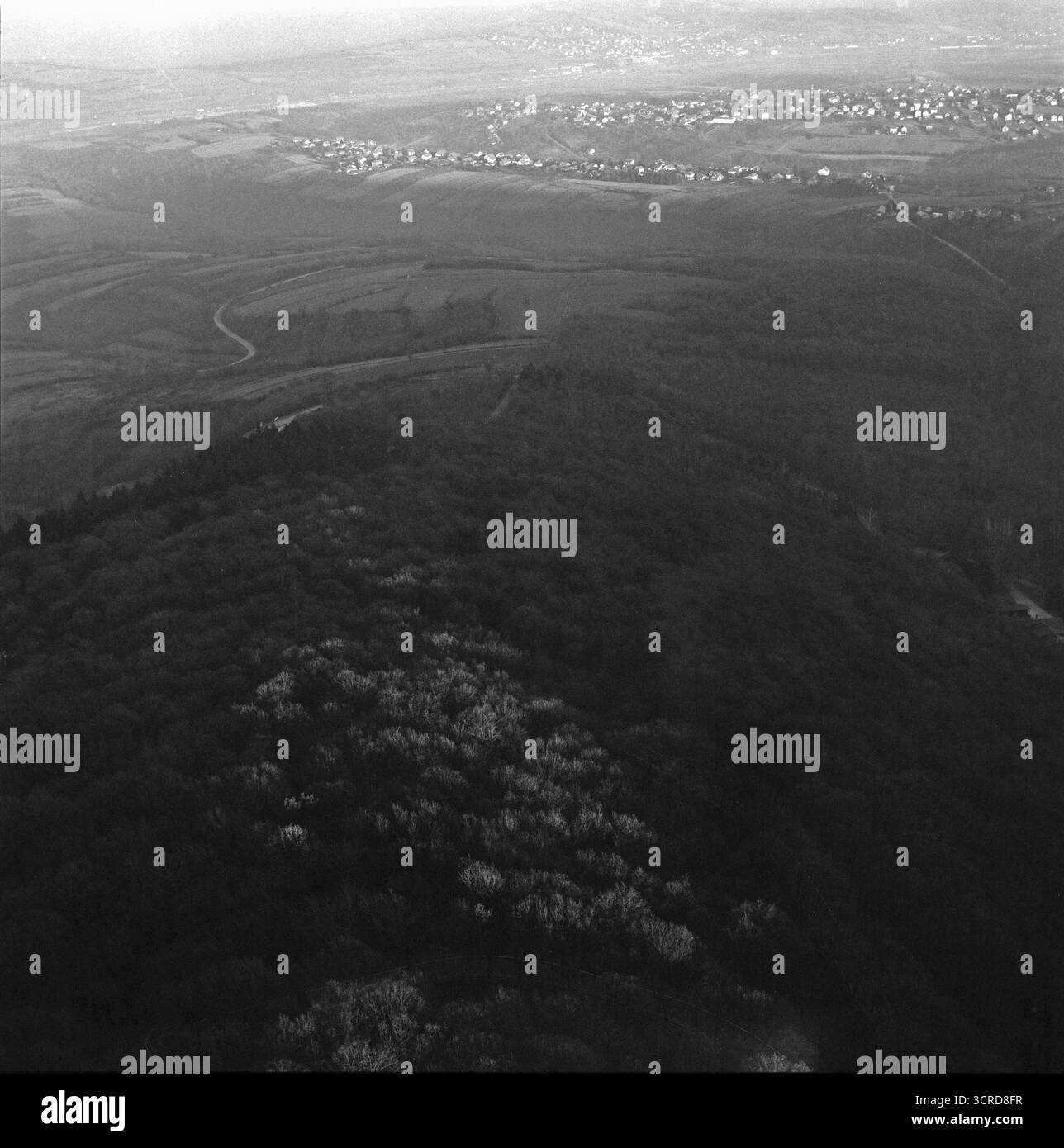 Black and white medium format photo from Avala Tower showing village ...
