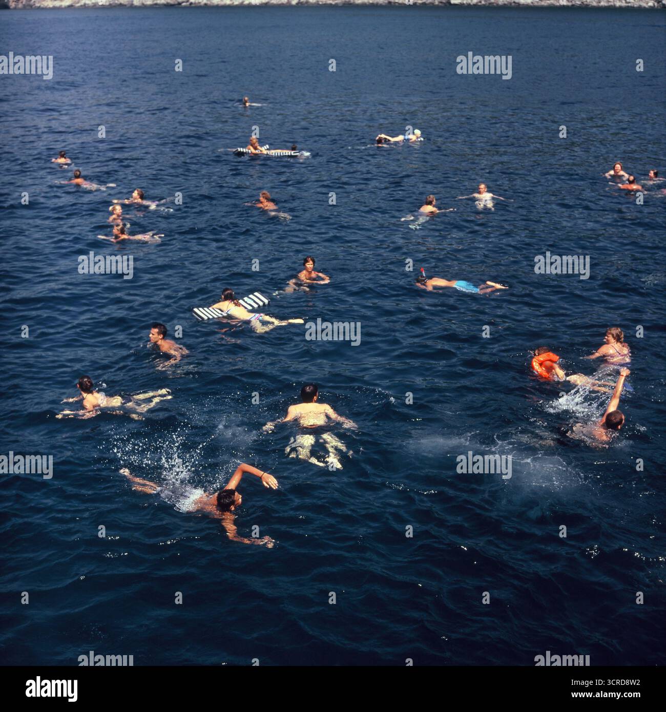 Swimmers scattered in deep blue sea, viewed from a boat. Medium format ...
