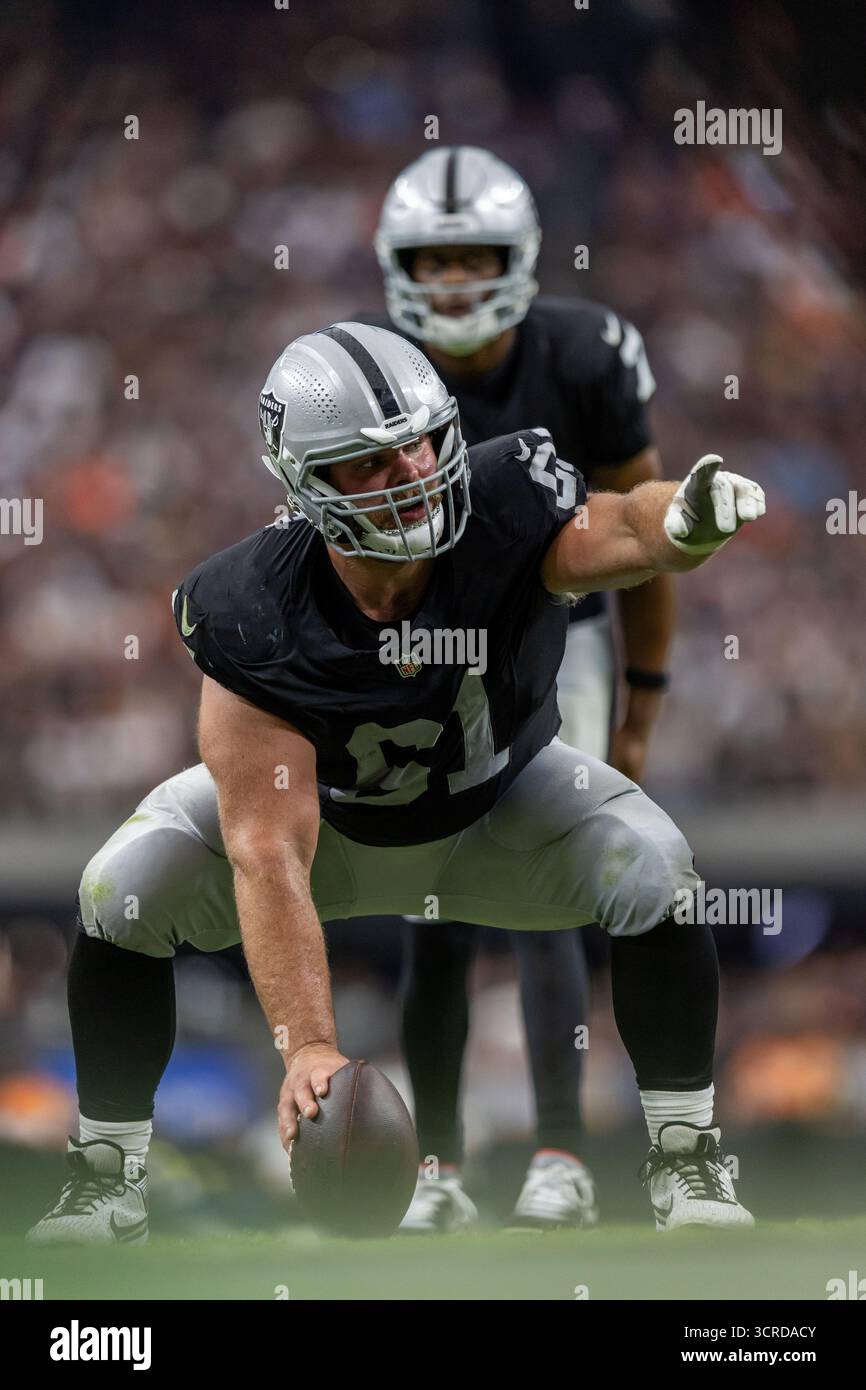 Las Vegas Raiders center Jordan Meredith (61) lines up against the ...