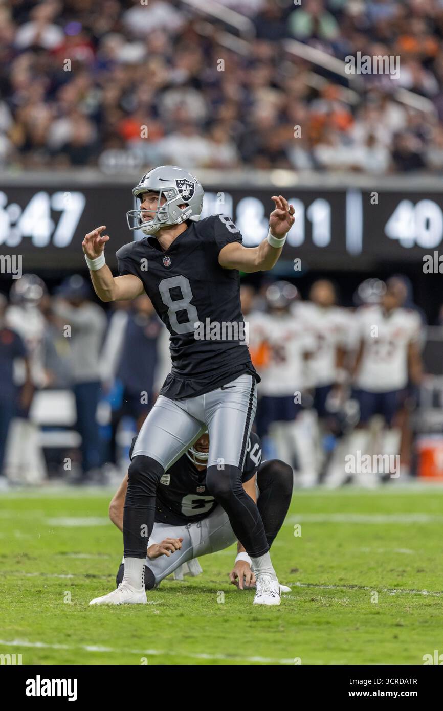 Las Vegas Raiders kicker Daniel Carlson (8) kicks a field goal against ...