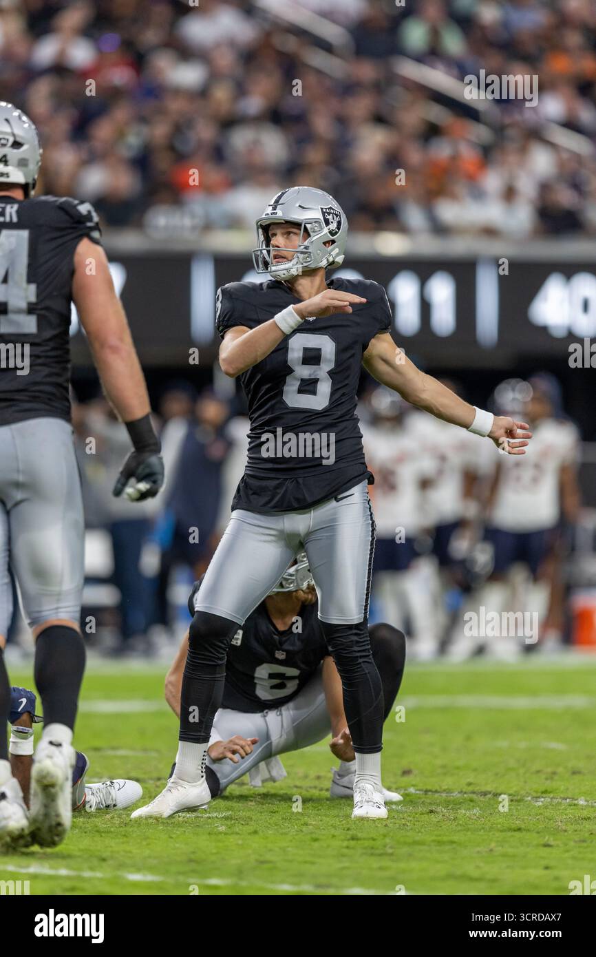 Las Vegas Raiders kicker Daniel Carlson (8) kicks a field goal against ...
