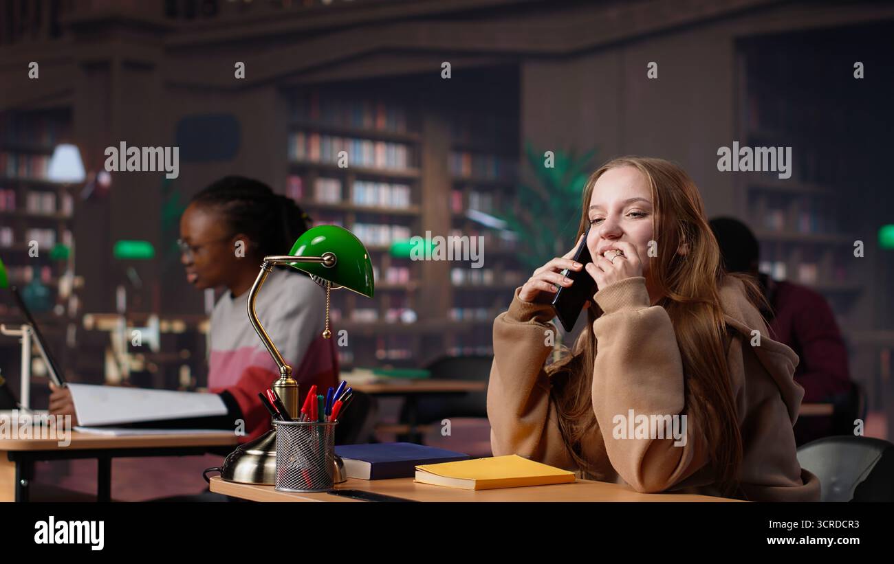 Noisy girl disturbing students at the library by speaking very loud on ...