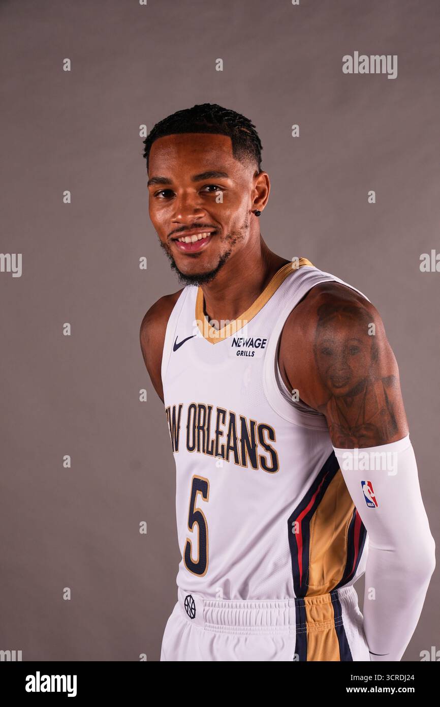 New Orleans Pelicans guard Dejounte Murray (5) poses for a portrait during their NBA basketball ...