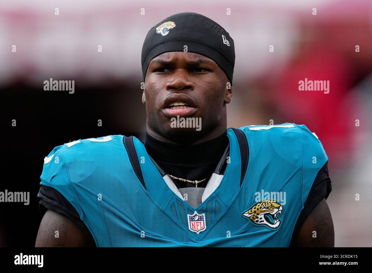 Jacksonville Jaguars wide receiver Travis Hunter warms up before an NFL ...