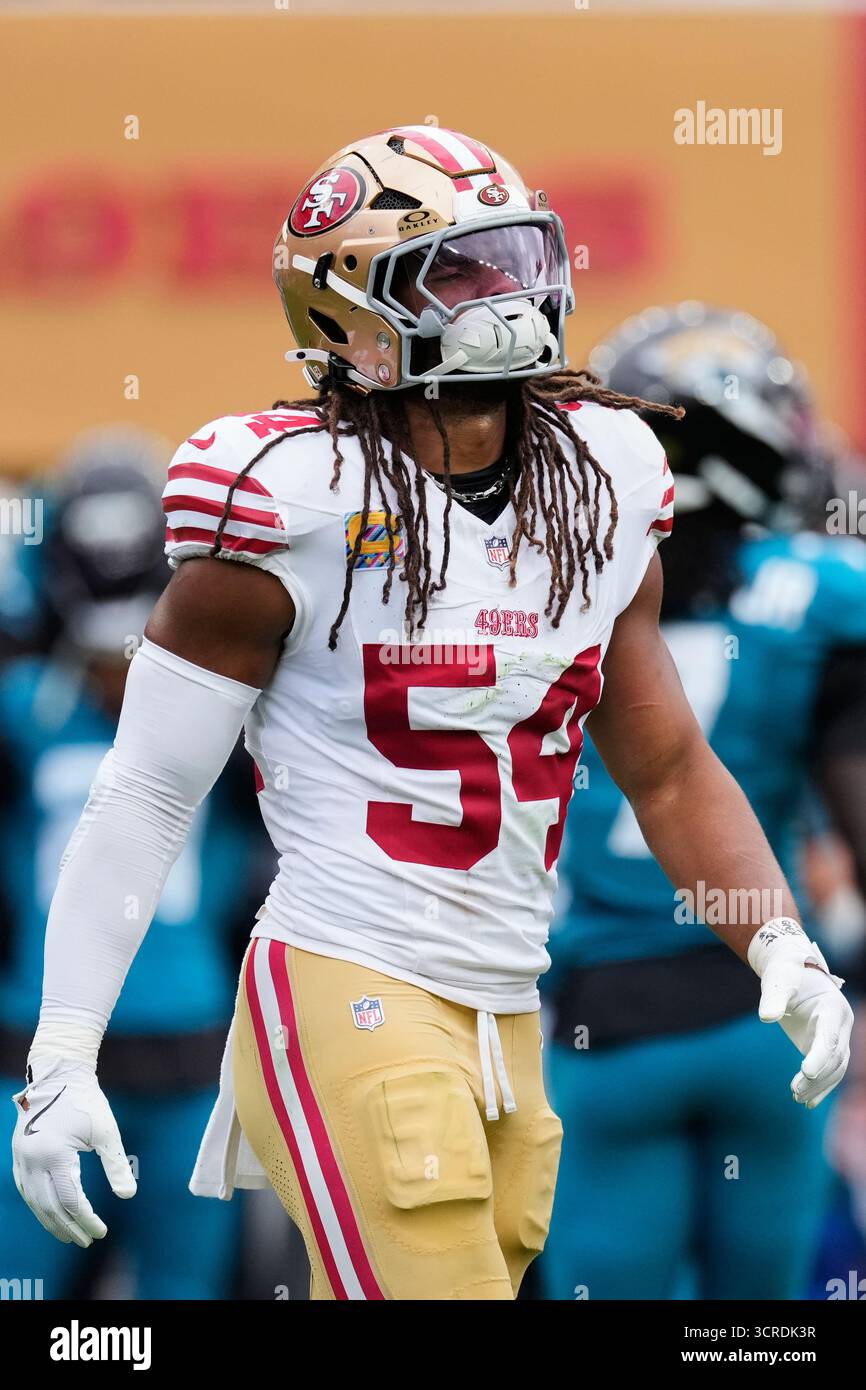 San Francisco 49ers middle linebacker Fred Warner reacts during the ...