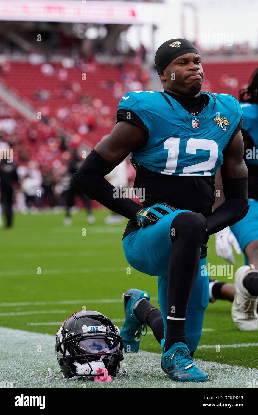 Jacksonville Jaguars wide receiver Travis Hunter stretches before an ...