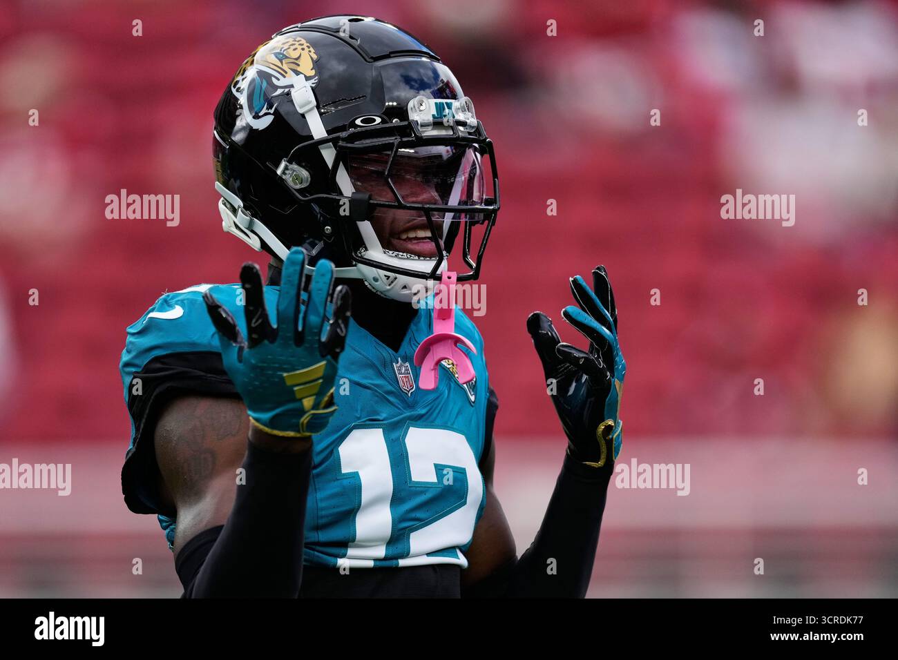 Jacksonville Jaguars wide receiver Travis Hunter warms up before an NFL ...