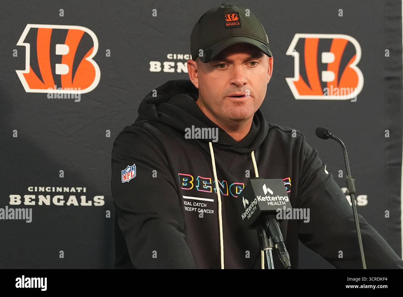 Cincinnati Bengals head coach Zac Taylor () responds to questions during a news conference after ...