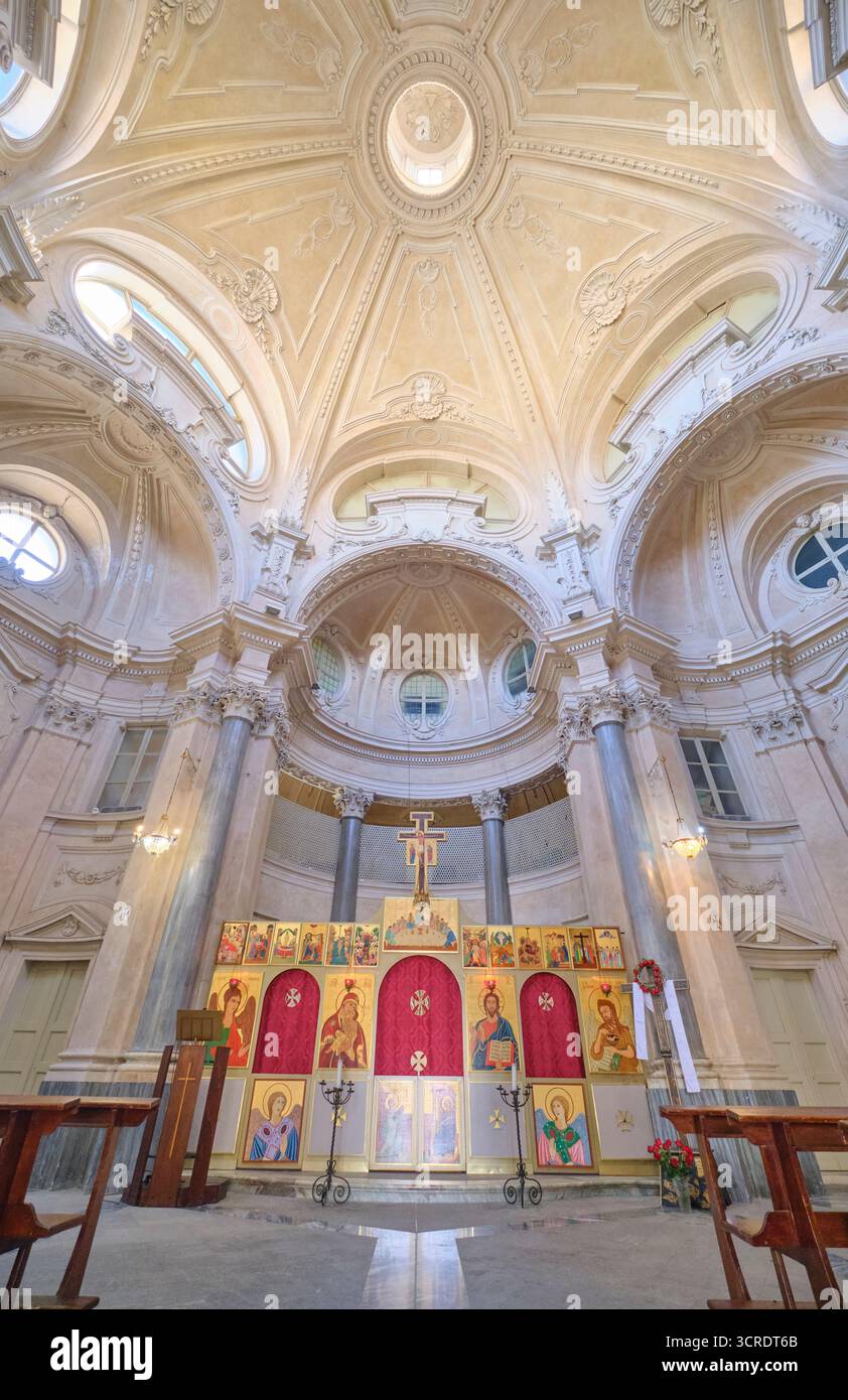 Aisle, nave, altar view. Interior of the Greek church of Saint Michael ...