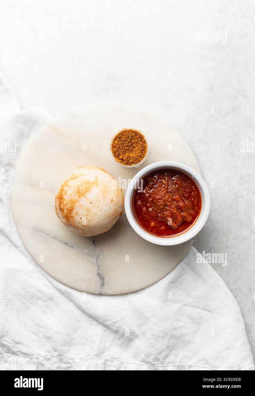 Overhead view of a plate of masa and pepper sauce, top view of food ...