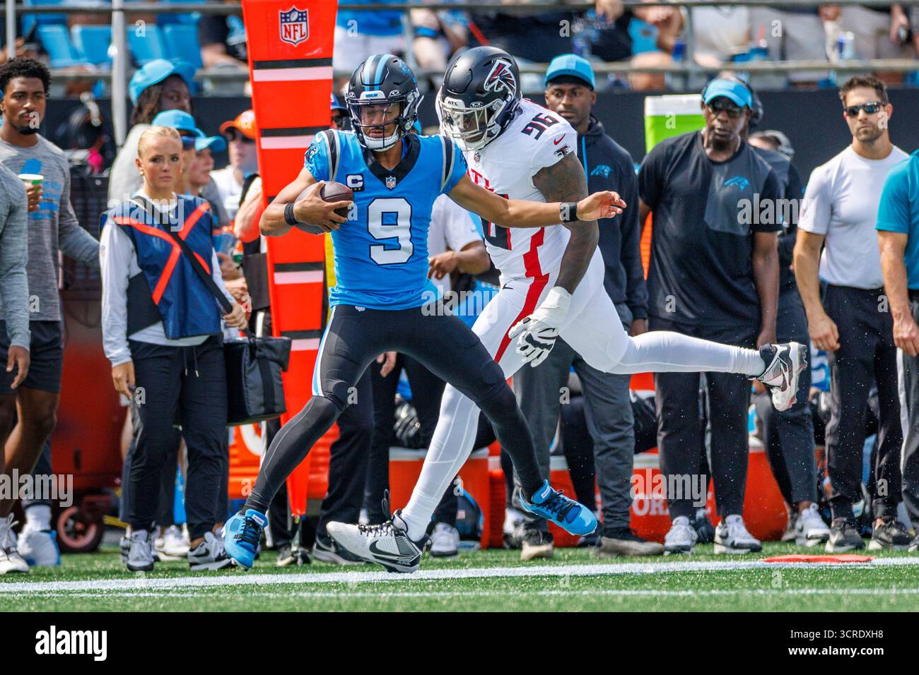 Carolina Panthers quarterback Bryce Young (9) is chased by Atlanta ...