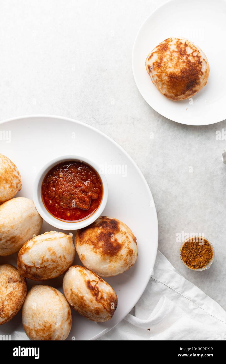 Overhead view of a plate of masa and pepper sauce, top view of food ...