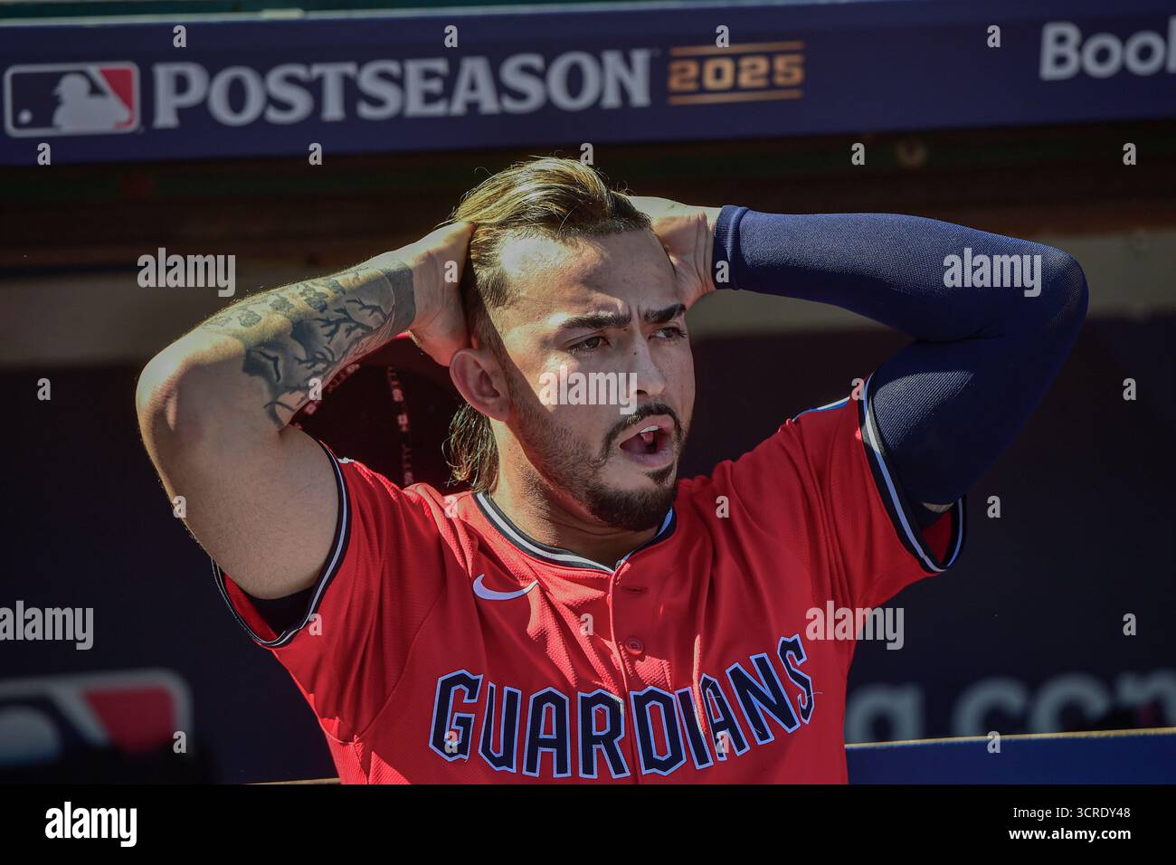 Cleveland Guardians' Gabriel Arias watches the field before Game 1 of ...