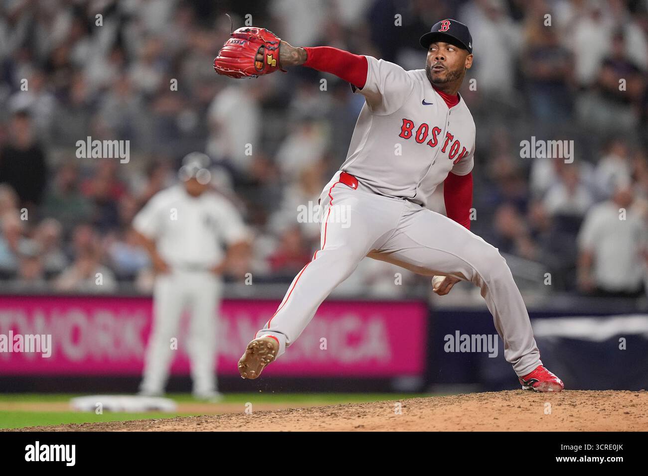 Boston Red Sox pitcher Aroldis Chapman delivers against the New York ...
