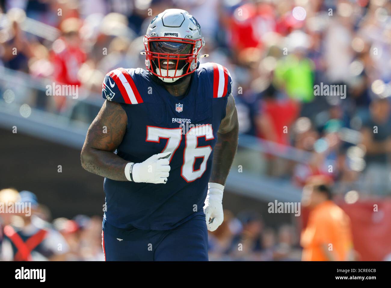 New England Patriots offensive tackle Morgan Moses (76) reacts during ...
