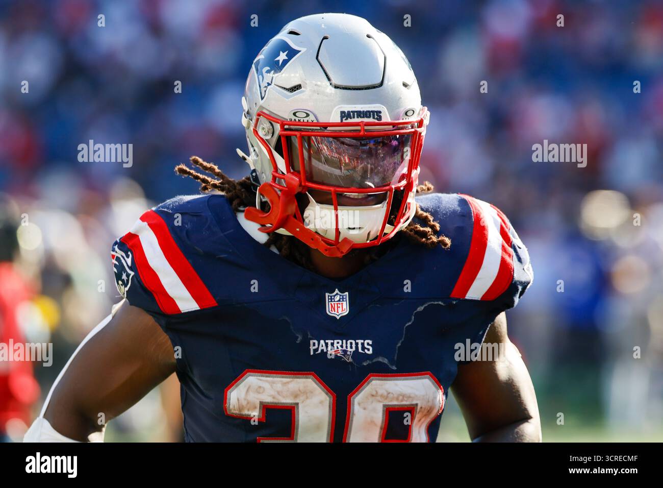 New England Patriots running back Rhamondre Stevenson (38) reacts after ...