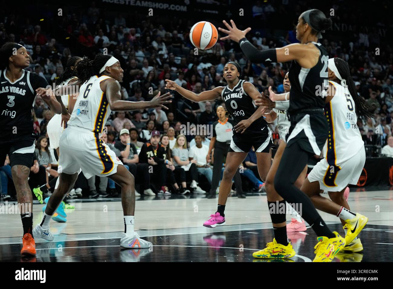 Las Vegas Aces guard Jackie Young (0) passes against the Indiana Fever ...