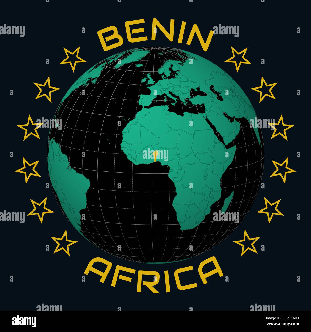 Republic of Benin on Globe. Round country and continent name text ...