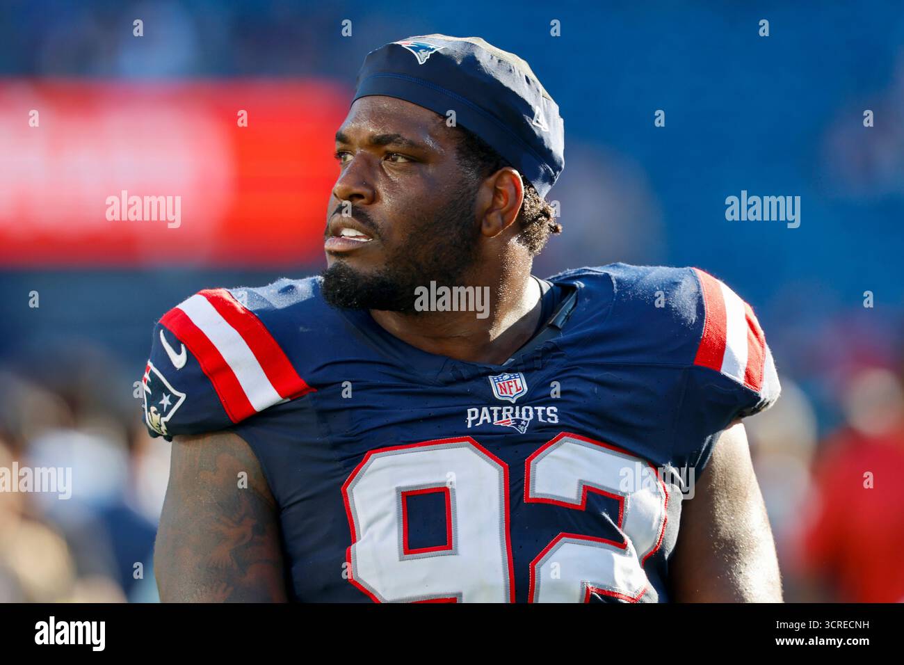 New England Patriots defensive tackle Joshua Farmer (92)reacts after ...