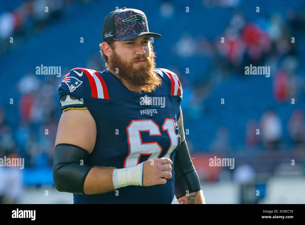 New England Patriots offensive line Brenden Jaimes (61) reacts after ...