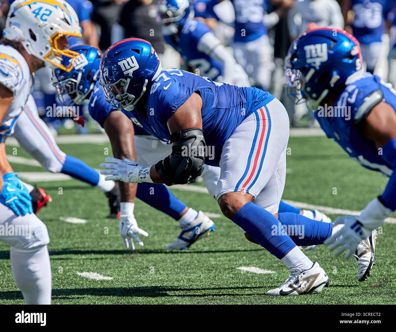 New York Giants defensive tackle Dexter Lawrence (97) reacts to a play ...