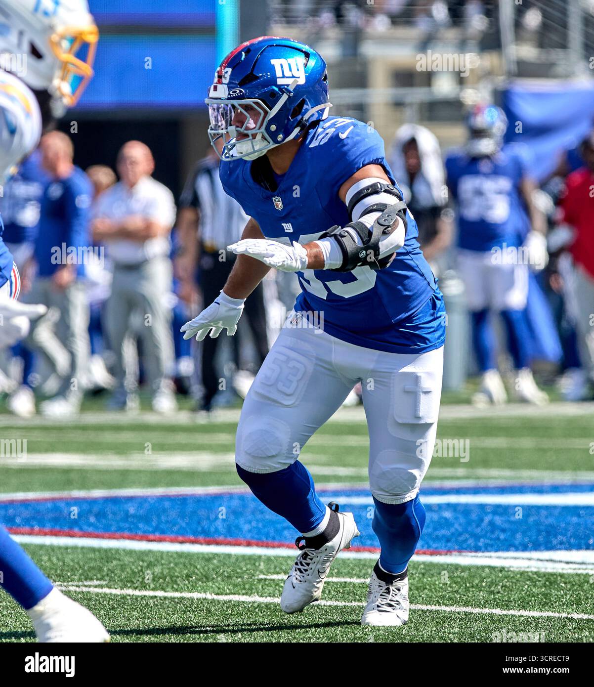 New York Giants linebacker Darius Muasau (53) reacts to a play against ...