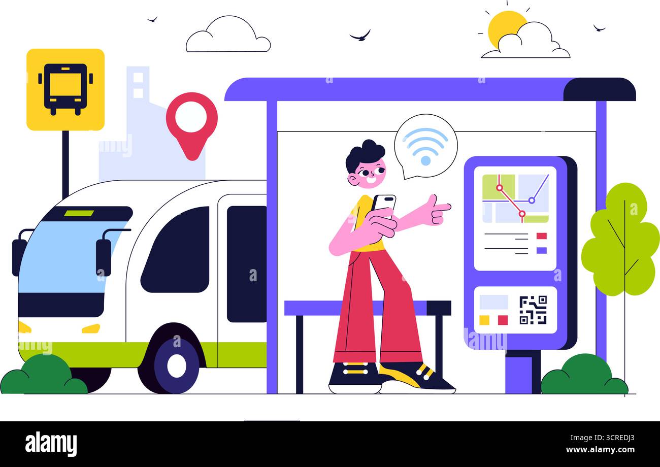 Smart Public Transport System Illustration Featuring Mobile Tracking ...