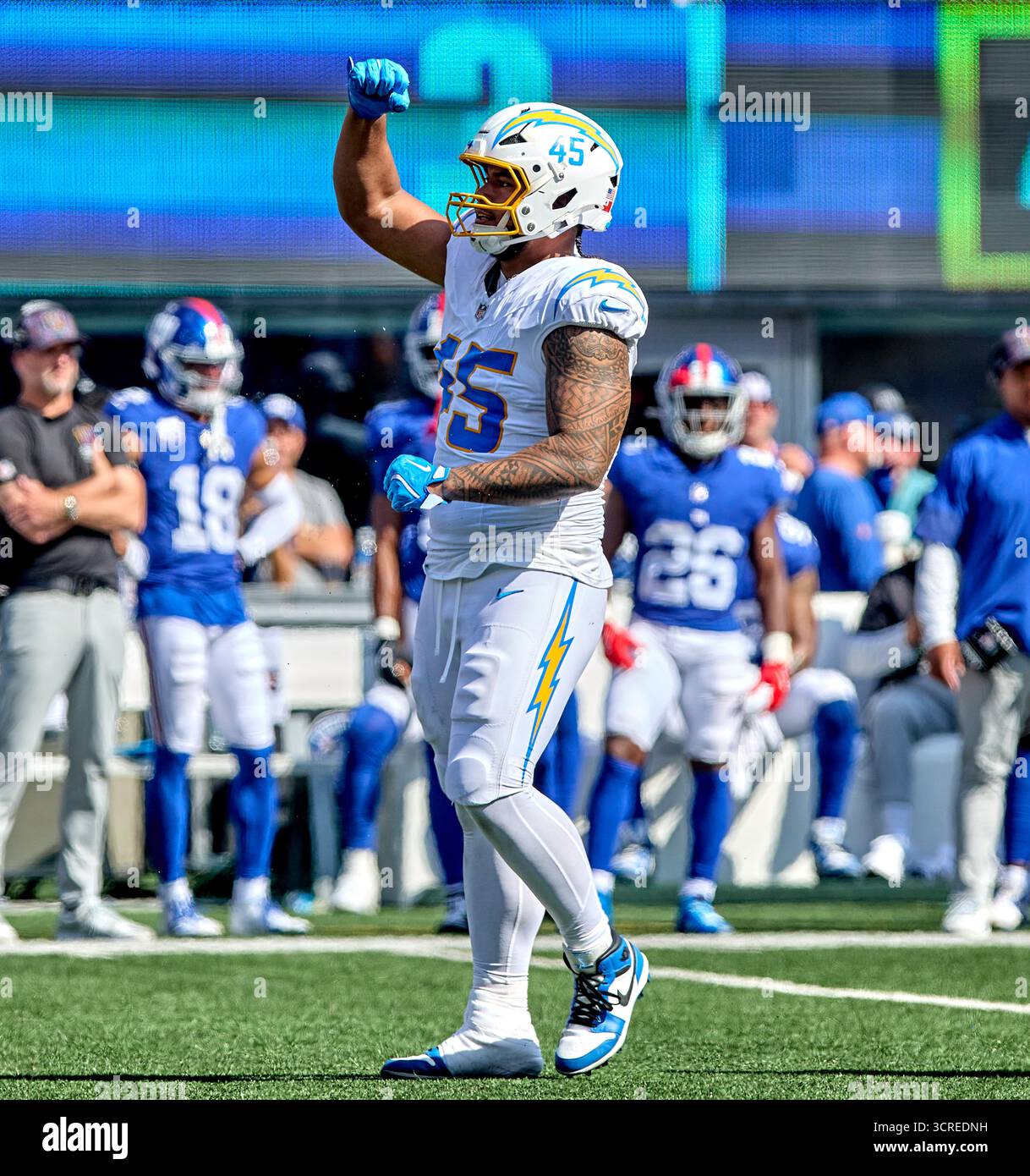 Los Angeles Chargers linebacker Tuli Tuipulotu (45) reacts after ...