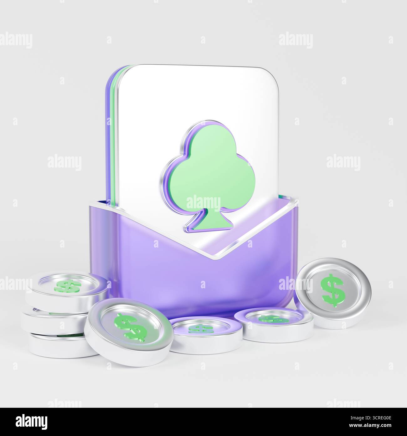 3D icon of a playing card with a club suit placed inside an envelope ...