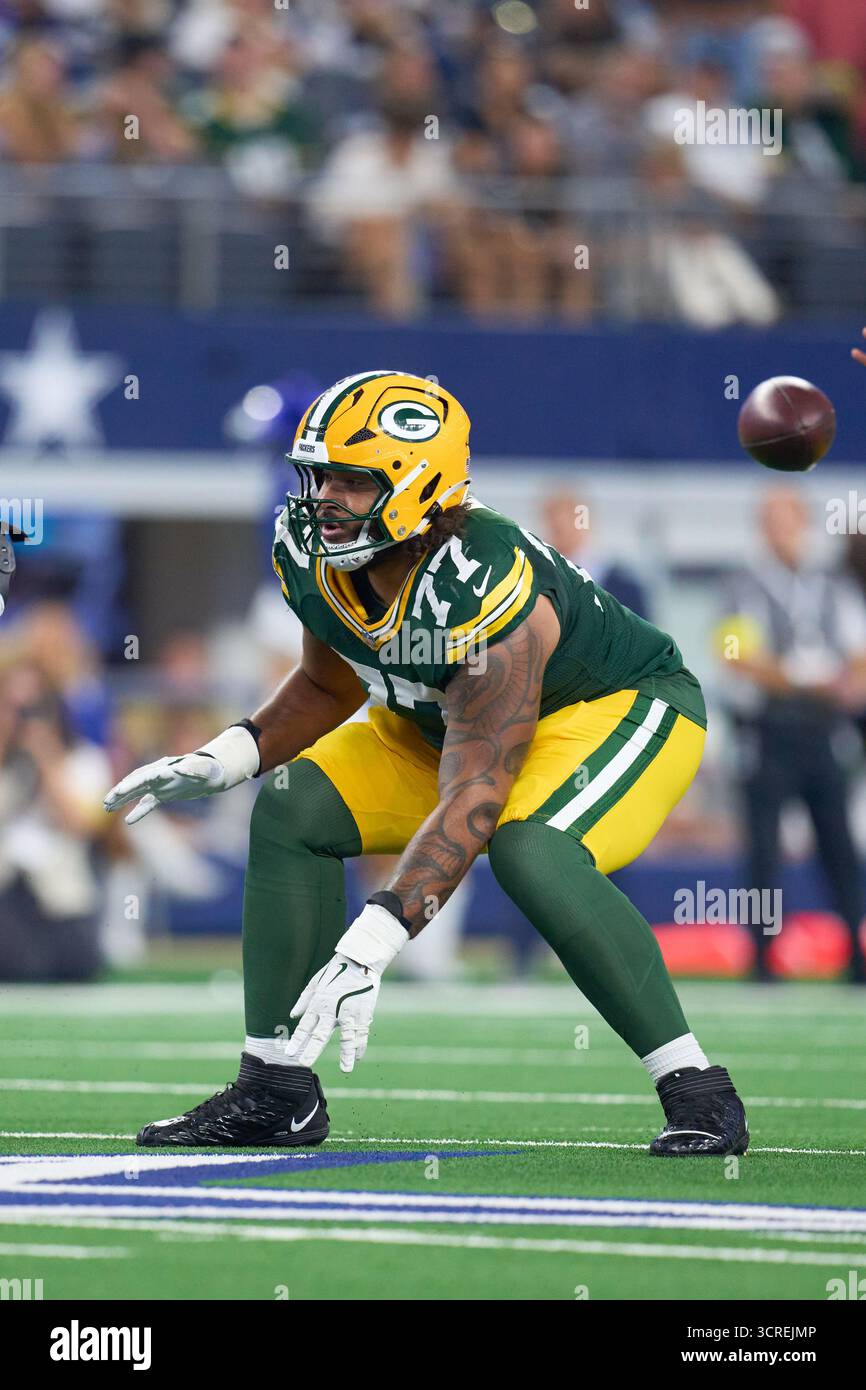 Green Bay Packers offensive tackle Jordan Morgan (77) defends during an ...