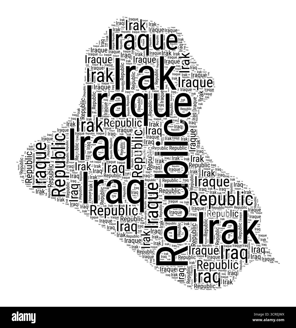 Black and white word cloud in Republic of Iraq shape. Simple typography ...