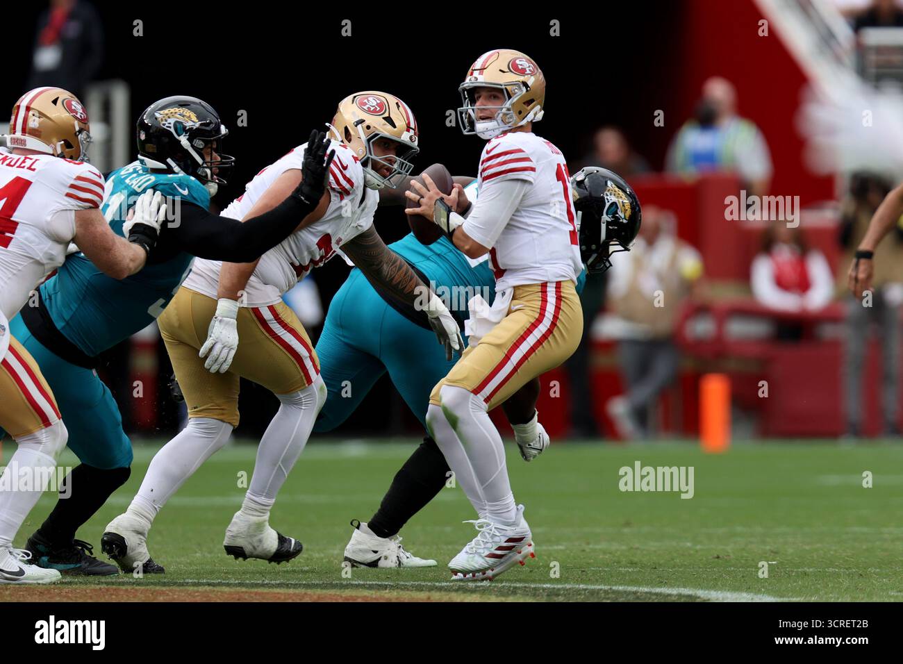 San Francisco 49ers quarterback Brock Purdy (13) throws during an NFL ...