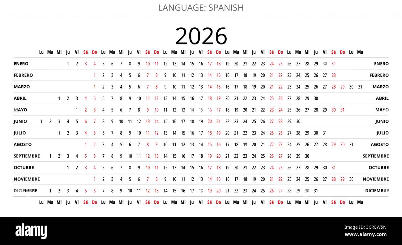 Spanish 2026 linear calendar for plan. Printable vector illustration ...