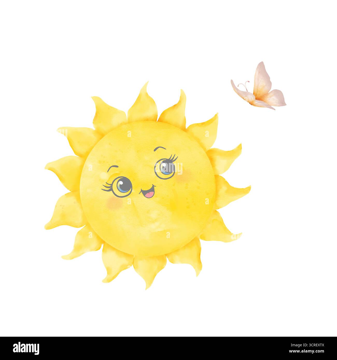 Sun yellow with the rays looks at butterfly. Watercolor Illustration ...