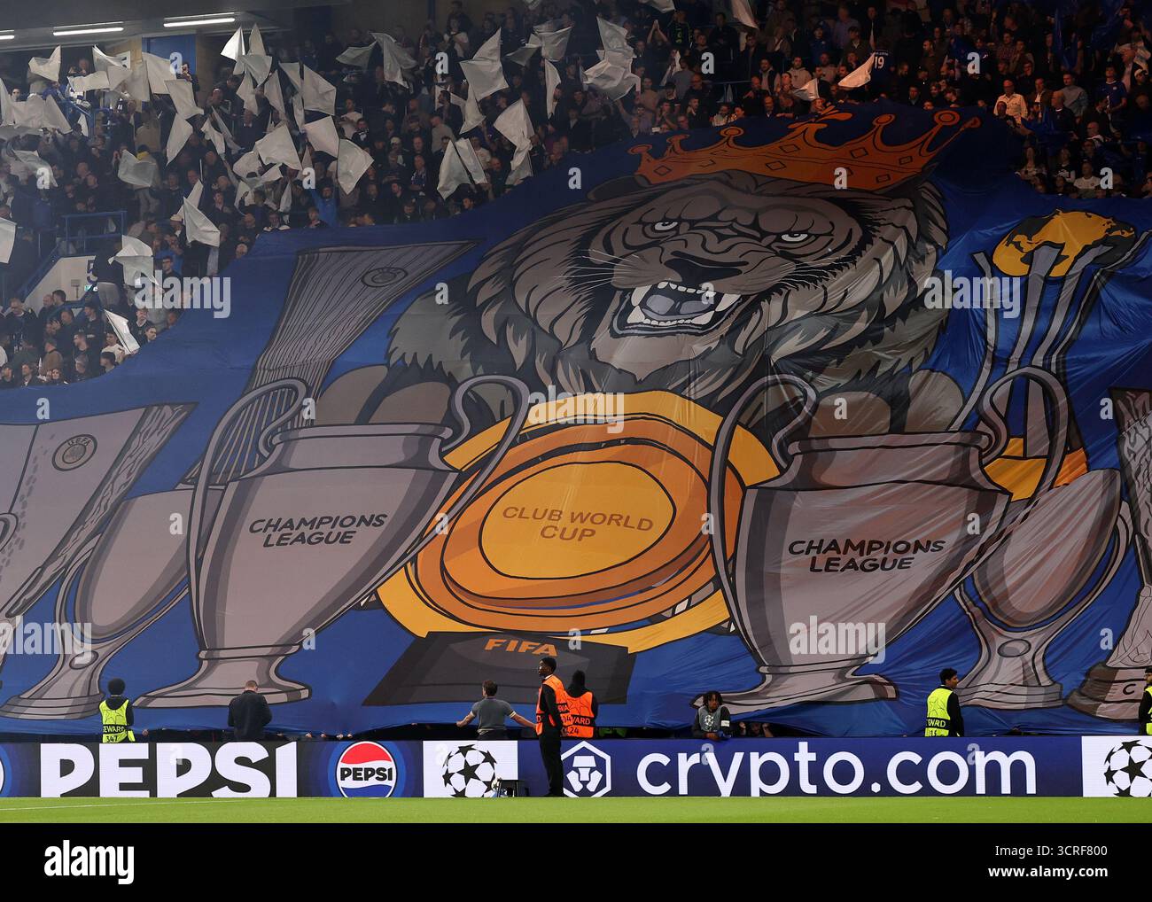 London, UK. 30th Sep, 2025. A Chelsea banner to show their trophy haul ...