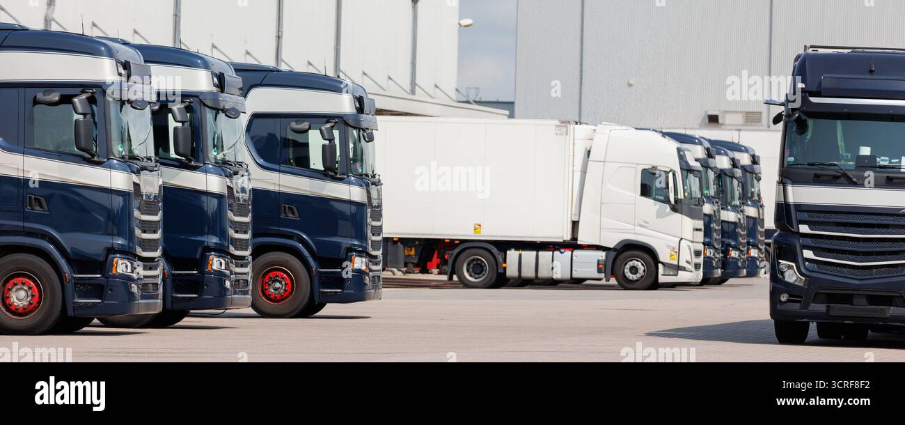 Modern blue cargo truck delivery van parked logistics warehouse center ...