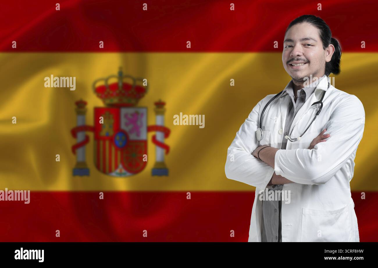 Spain Health and Care concept. Male doctor on Spain flag. Doctor with ...