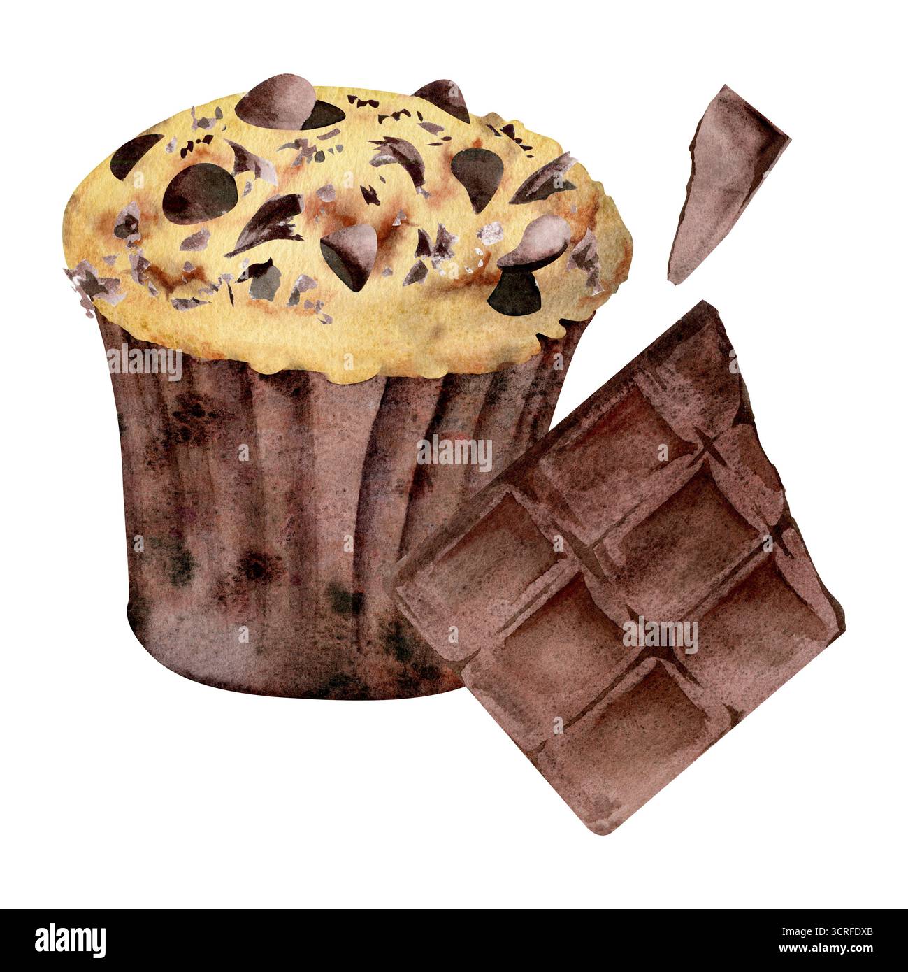 Cupcake in paper wrapper, muffin pastry with chocolate bar pieces and ...