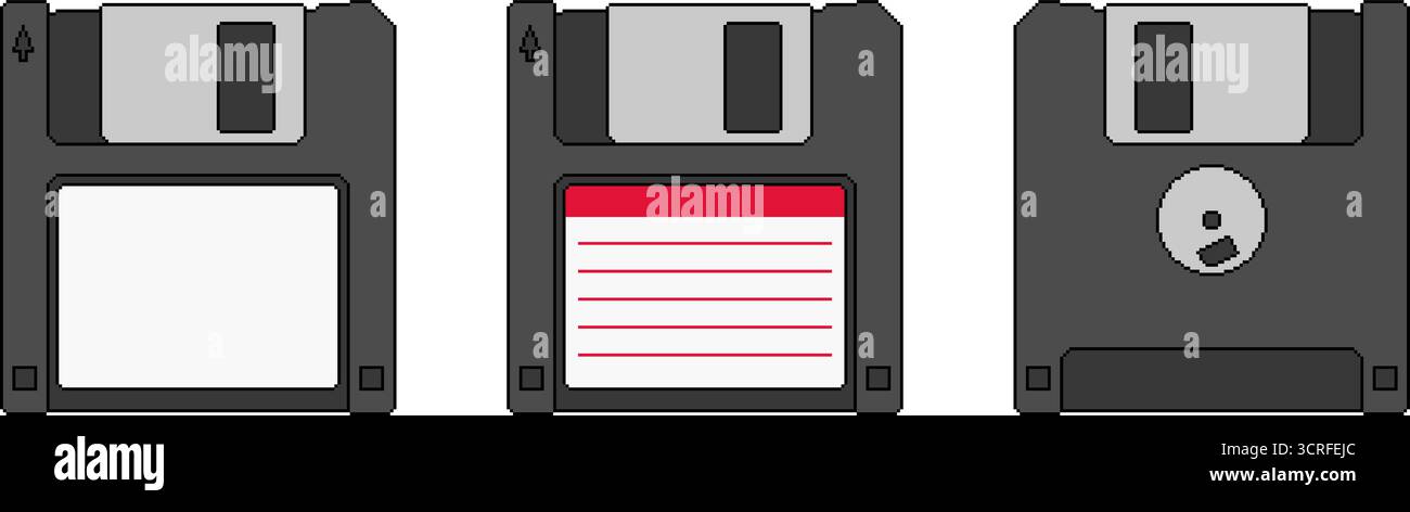 Pixel art floppy disks showing front and back sides. Set of isolated ...