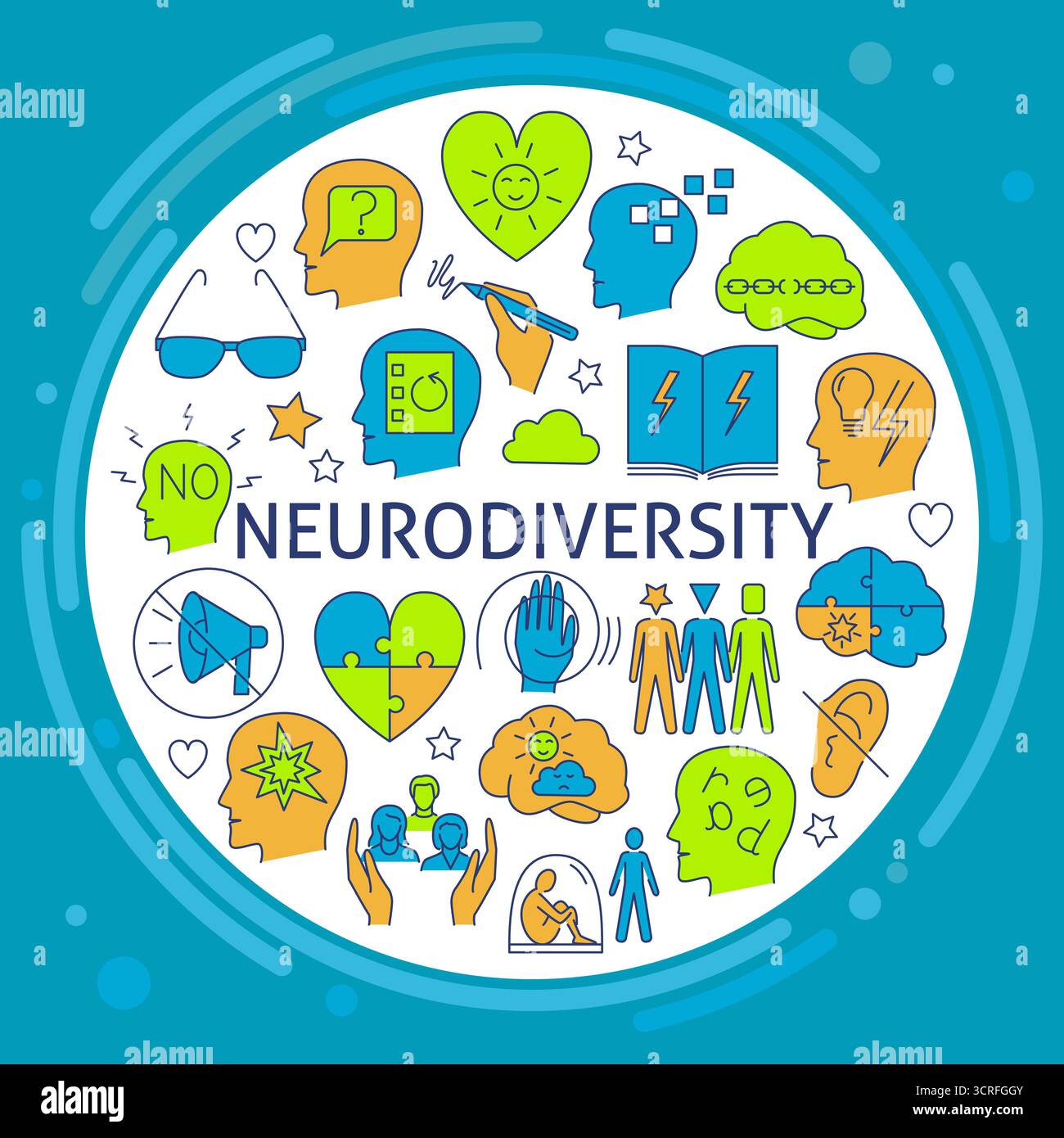 Neurodiversity round banner with line symbols. Vector illustration ...