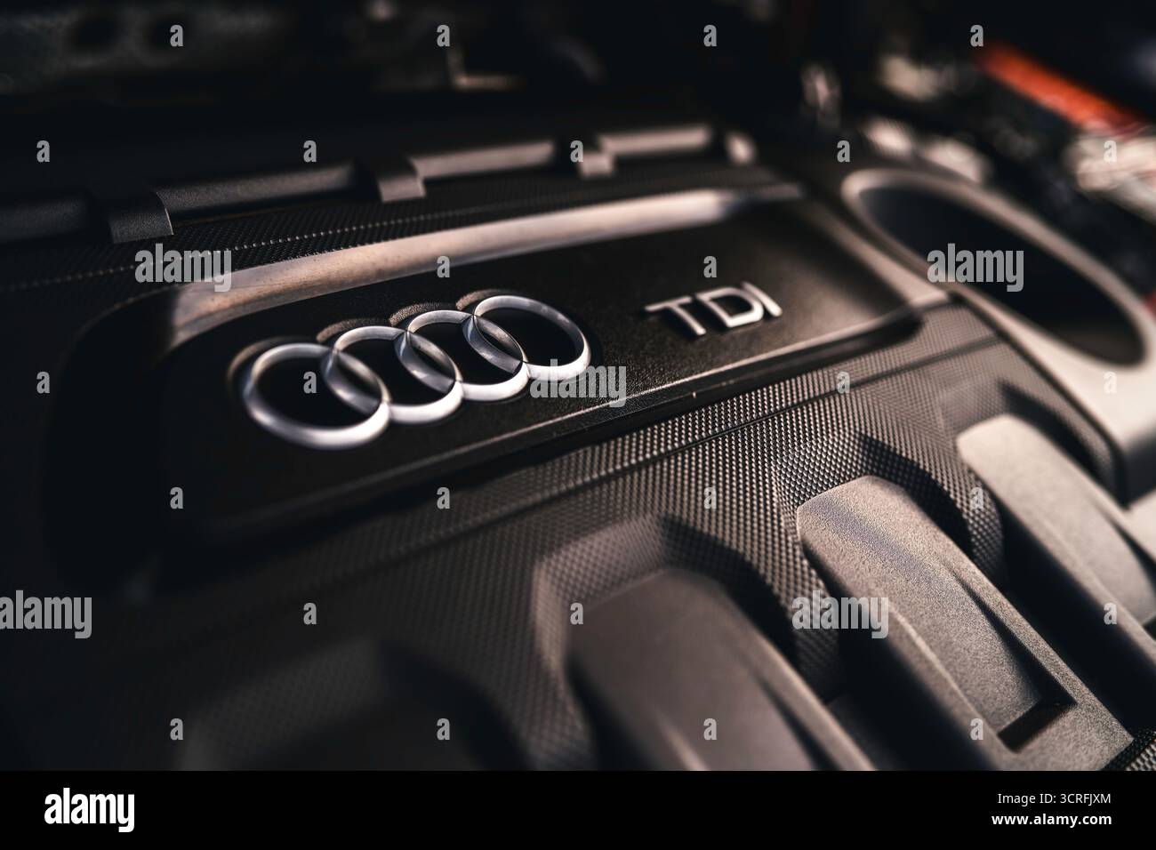 Rome, italy 30 september 2025: audi tdi engine cover with rings logo ...