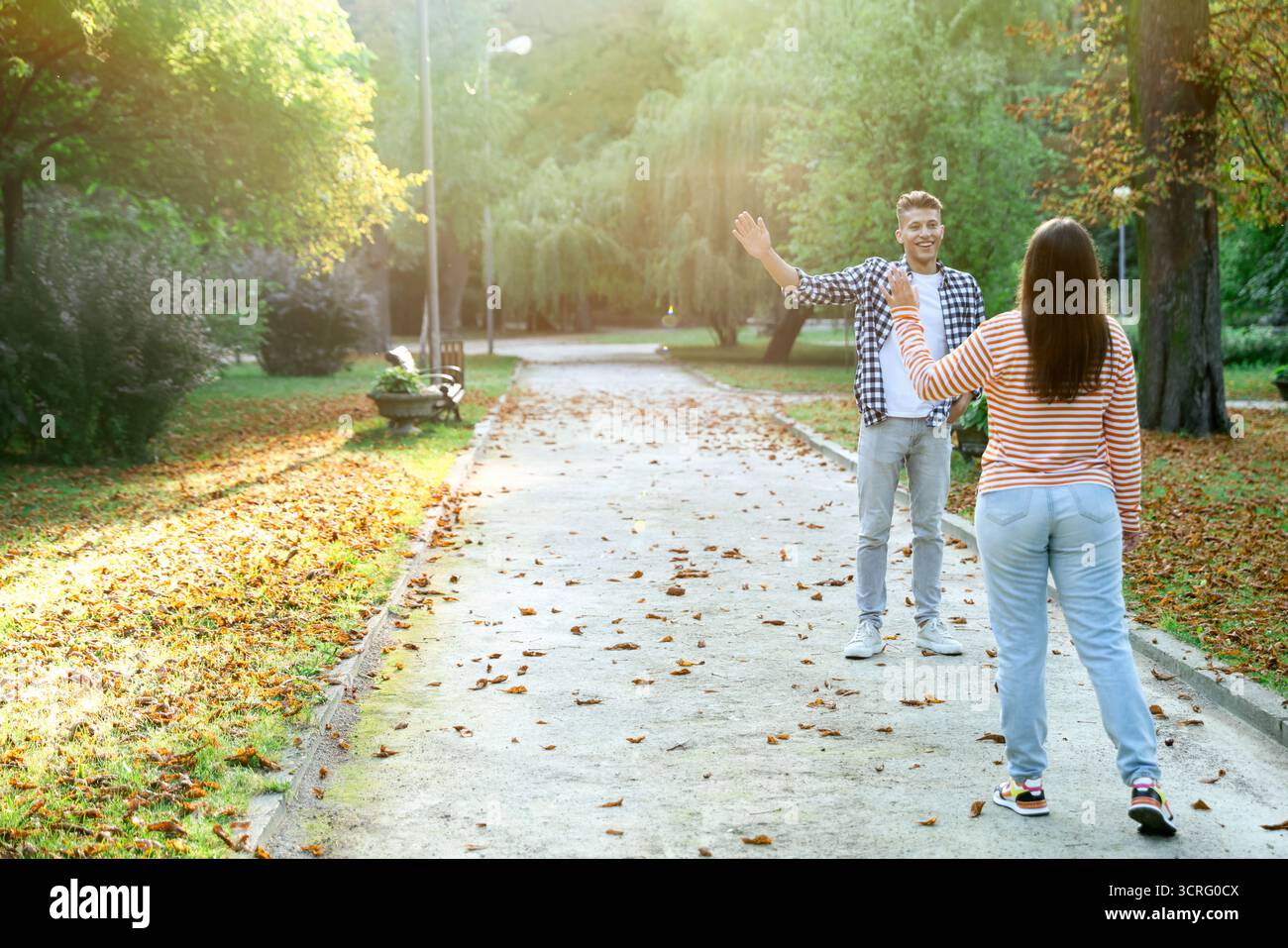 Woman waving goodbye to her friend in park, back view Stock Photo - Alamy