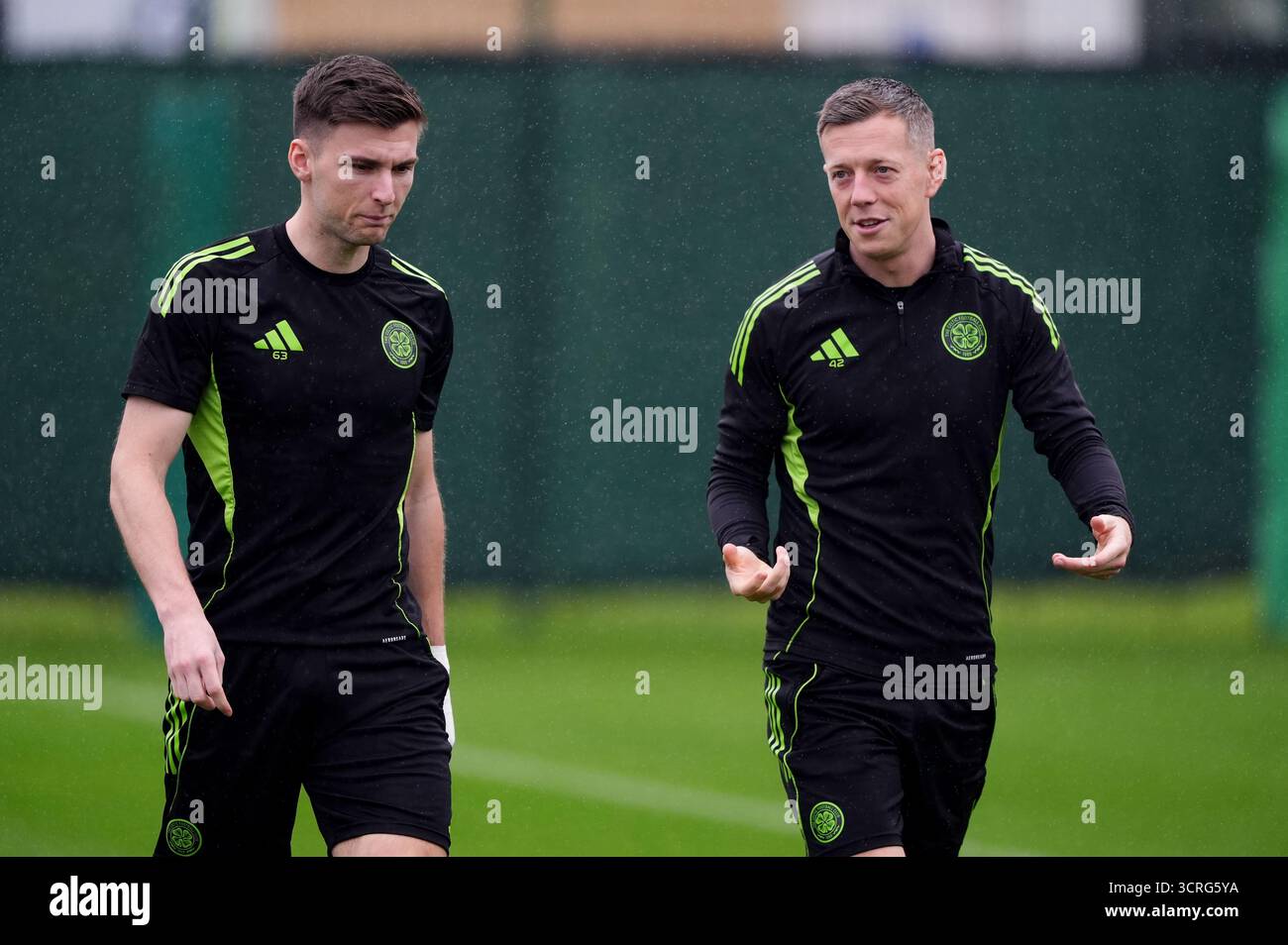Celtic's Kieran Tierney and Callum McGregor (right) during a training ...