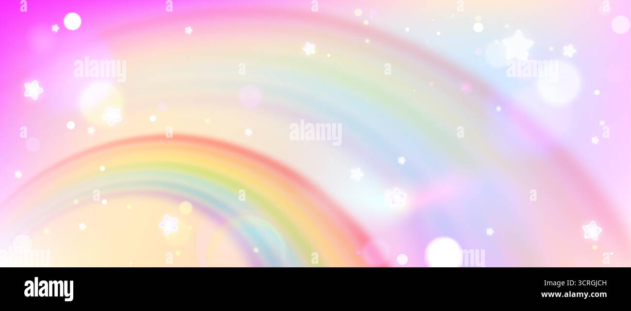 Rainbow arch with star sparkles after rain on unicorn pink sky gradient ...